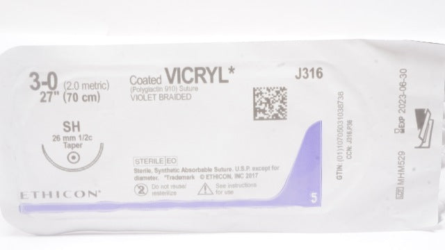 Ethicon J316 3-0 Coated VICRYL Polyglactin Stre, SH 26mm 1/2c Taper, 2 – Imedicsales