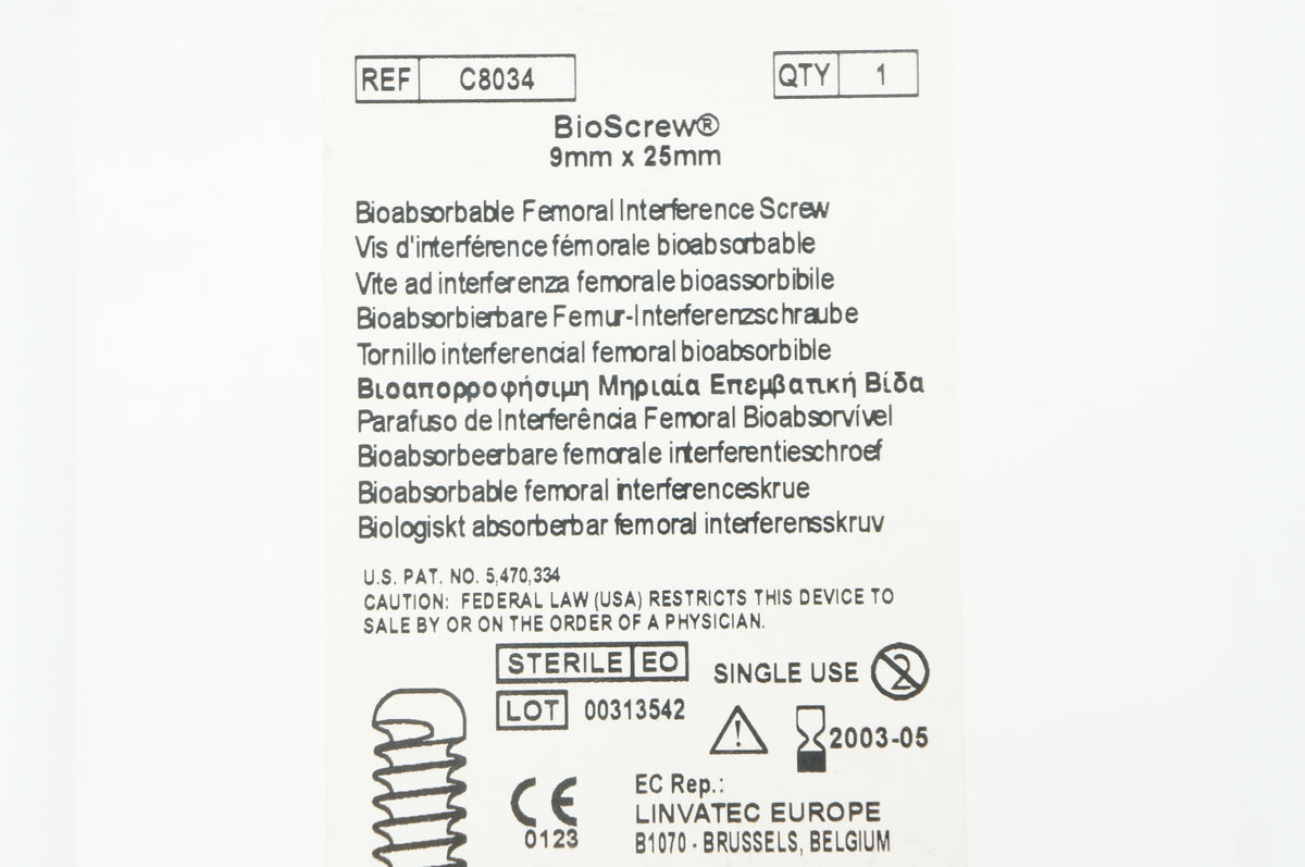 Linvatec C8034 Bioabsorbable Femoral Interference Screw 9 x 25mm (x) – Imedicsales