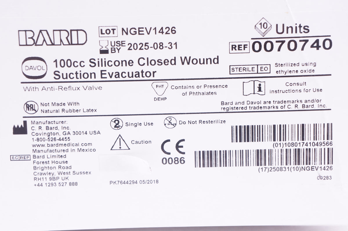 Bard 0070740 Davol 100cc Silicone Closed Wound Suction Evacuator - Box – Imedicsales
