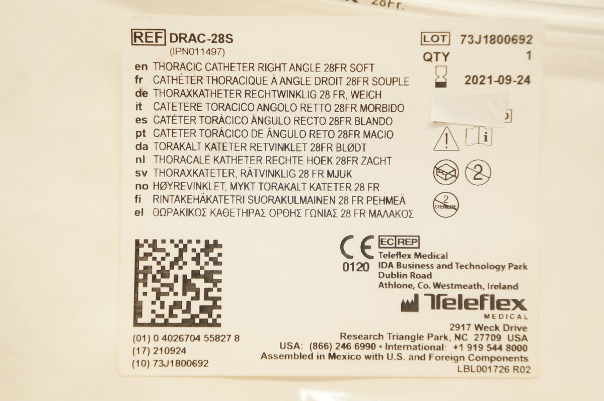 Teleflex DRAC-28S Thoracic Catheter Right Angle 28Fr. Soft (x ...