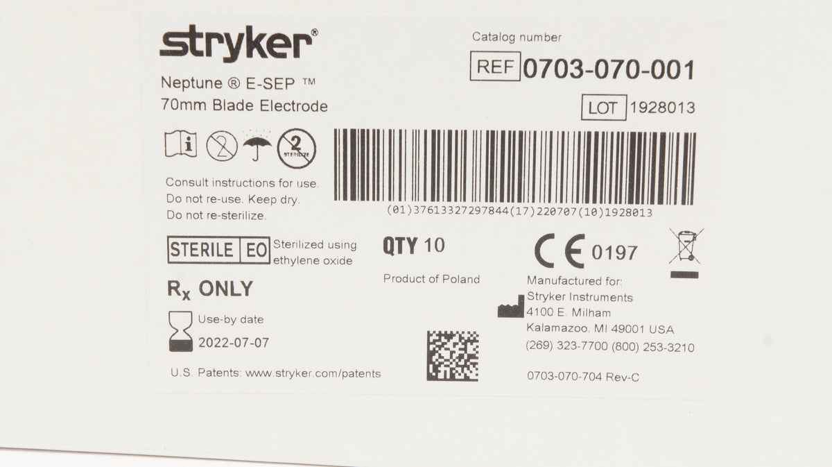 Stryker 0703-070-001 Neptune E-SEP Blade Electrode 70mm (x) - Box of 1 – Imedicsales