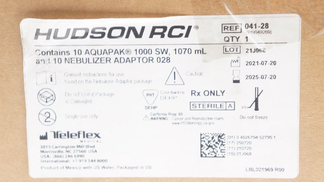 Teleflex 041-28 Hudson RCI 10 Aquapak 1000SW, & 10 Nebulizer Adaptor - – Imedicsales