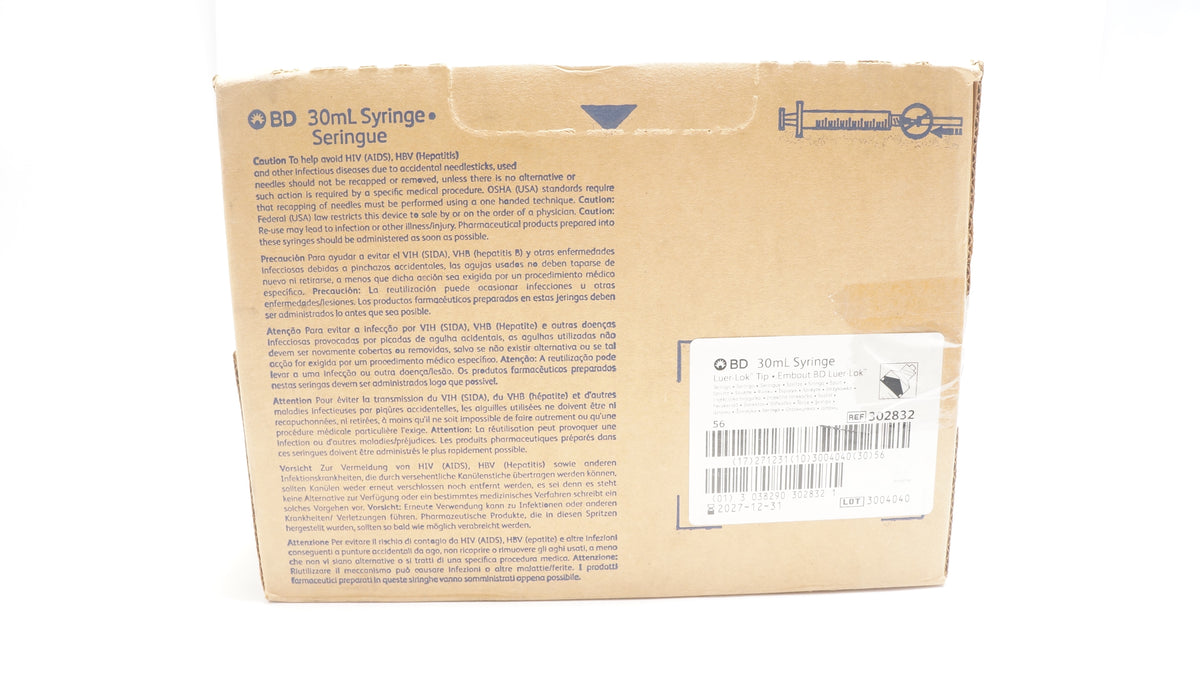 BD 302832 Luer-Lok Tip 30ml Syringe - Box of 56 – Imedicsales