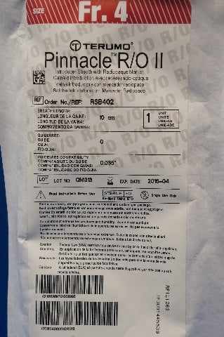 Terumo RSB402 Pinnacle R/O II Introducer Sheath 4Fr. x 10cm (x ...