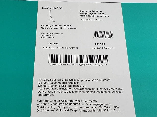 Coloplast 501420 Restorelle Y Polypropylene Mesh Size 24 x 4cm (x ...