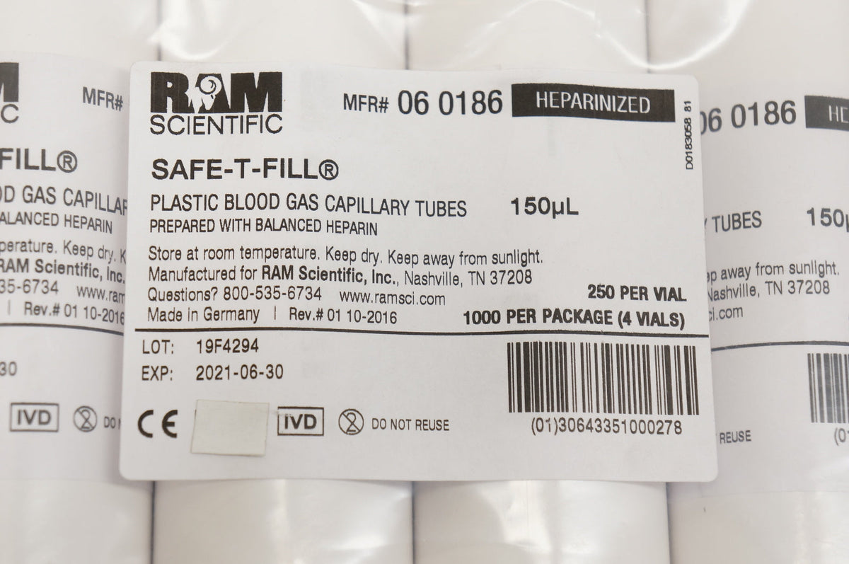 RAM Scientific 06 0186 Safe-T-Fill Plastic Blood Gas Capillary Tubes 1 ...