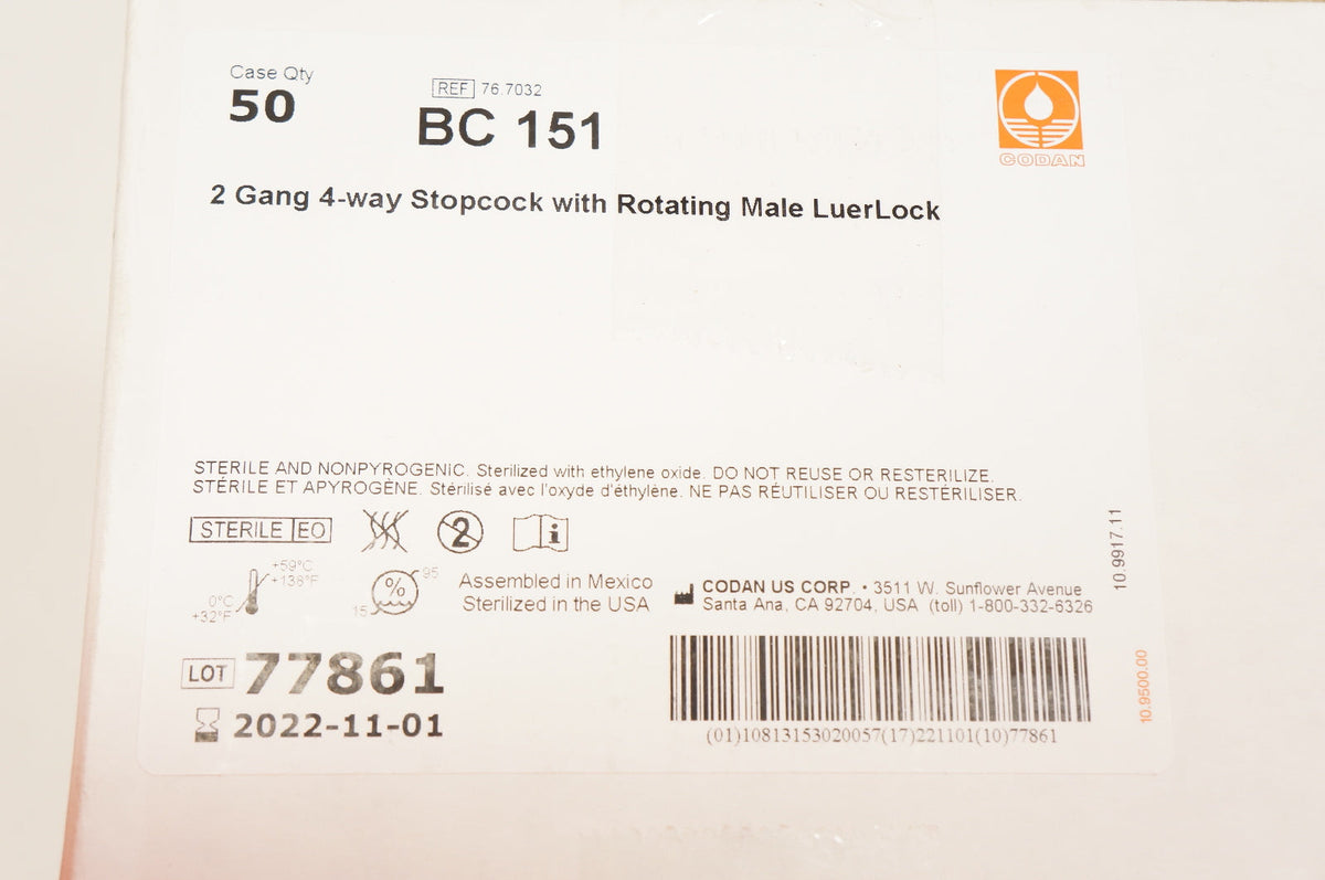 Codan BC151 2 Gang 4-Way Stopcock with Rotating Male LuerLock - Box of ...