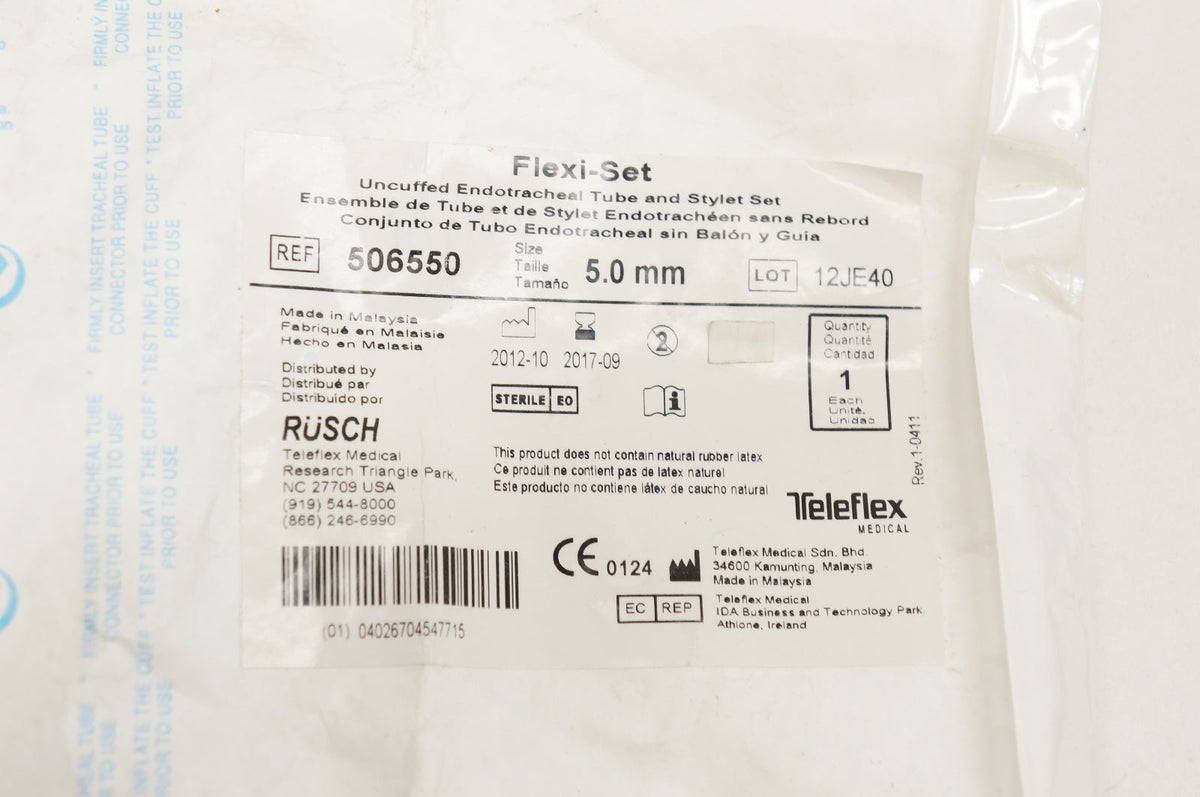 Teleflex 506550 Flexi-Set Uncuffed Endotracheal Tube and Stylet Set 5 ...