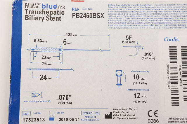 Cordis PB2460BSX PALMAZ Blue .018 Transhepatic Biliary Stnt 6mm x 24cm ...