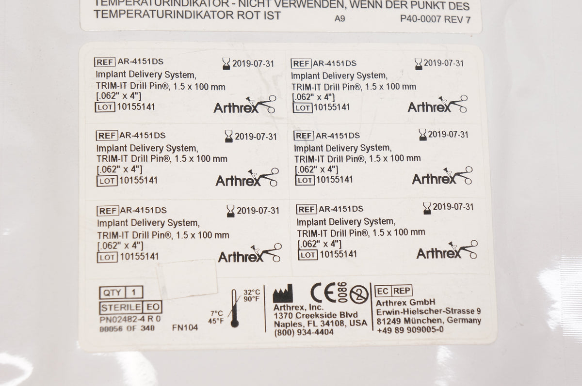 Arthrex AR-4151DS Implant Delivery System, TRIM-IT Drill Pin, 1.5 x 10 ...