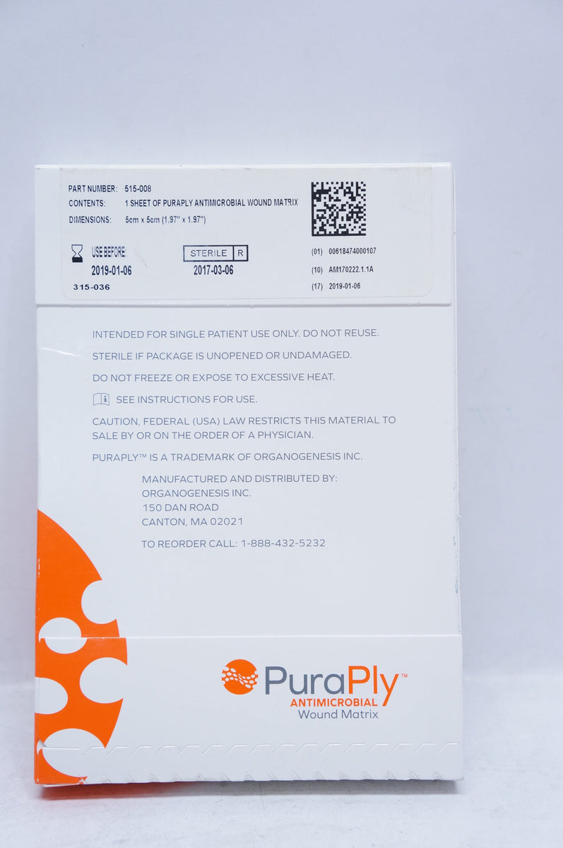 ORGANOGENESIS 515-008 Puraply Antimicrobial Wound Matrix 1.97in. x 1.9 ...