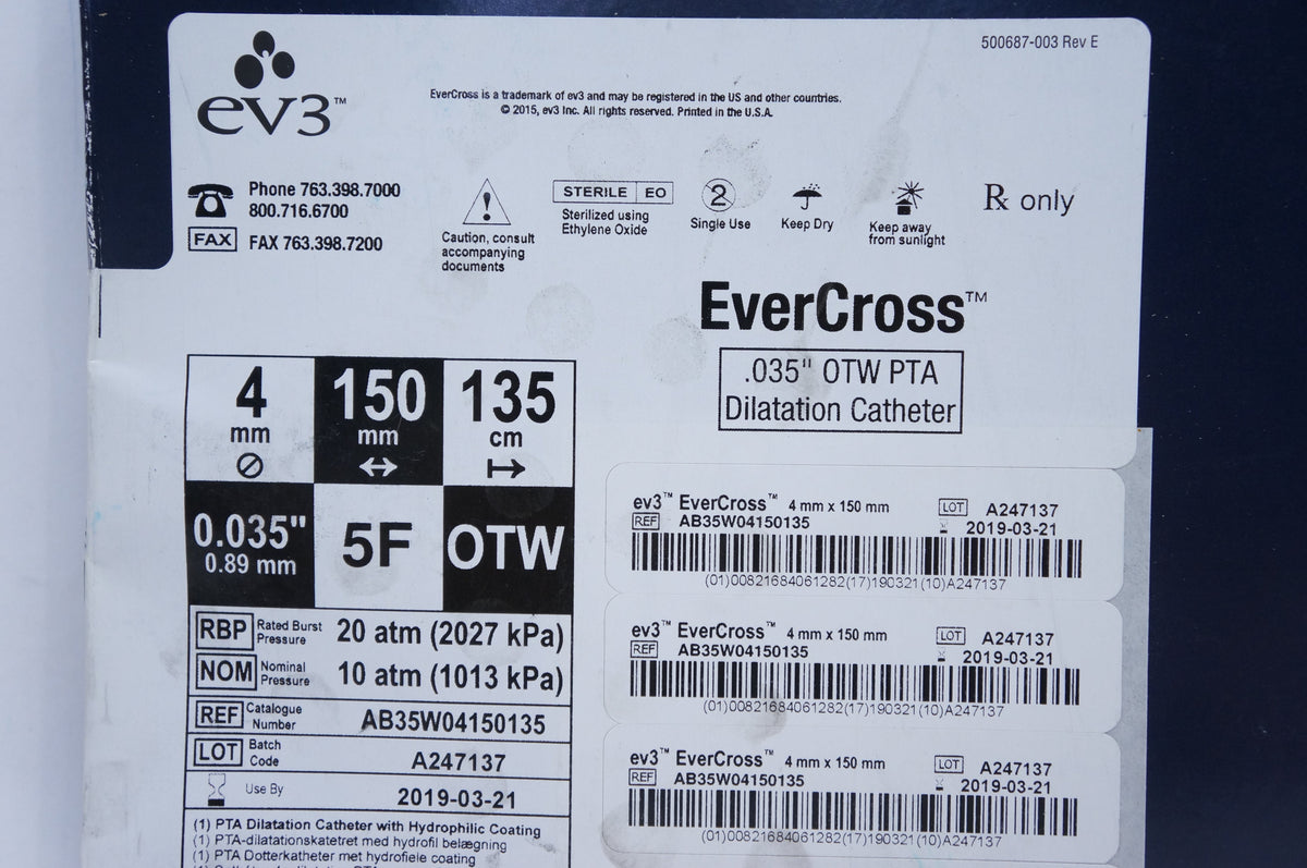 EV3 AB35W04150135 EverCross OTW PTA Dilatation Cath. 4mm x 150mm x 135 ...