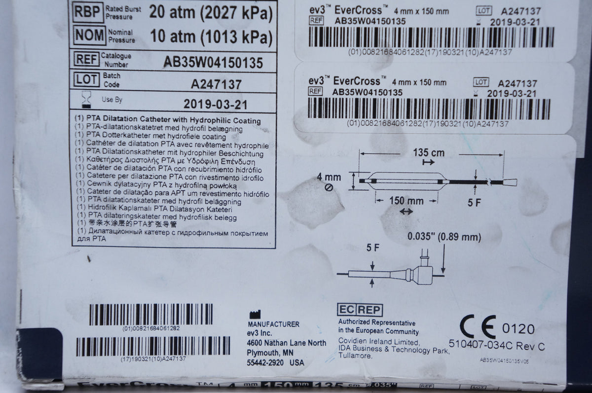 EV3 AB35W04150135 EverCross OTW PTA Dilatation Cath. 4mm x 150mm x 135 ...