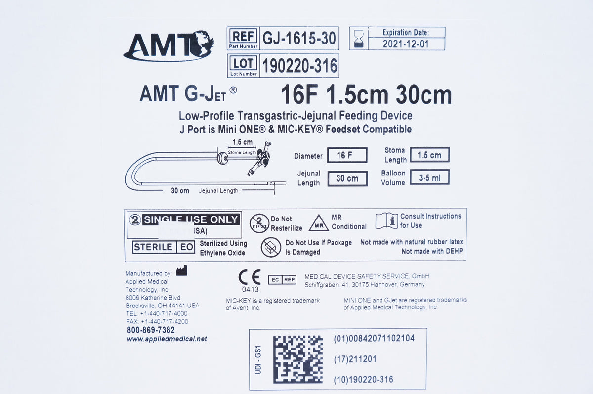 AMT GJ-1615-30 G-JET Low Profile Gastric-Jejunal Enteral Feeding Tube ...