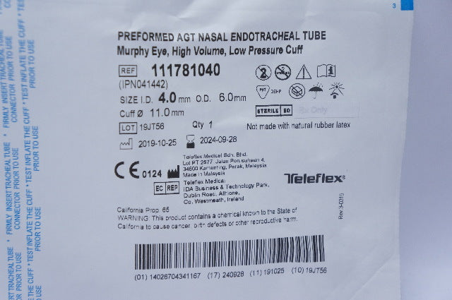 Teleflex 111781040 Preformed Agt Nasal Endotracheal Tube 4.0 x 6.0 x 1 ...