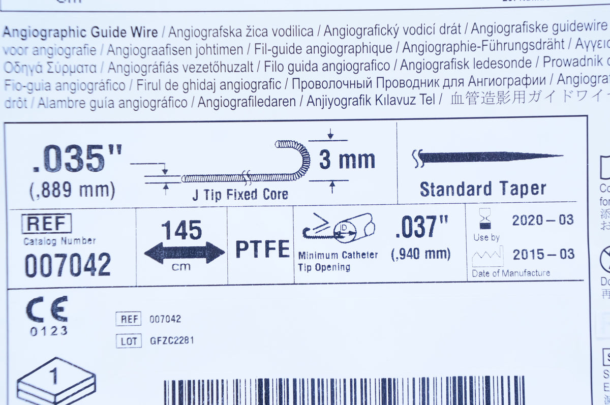 Medtronic 007042 Angiographic Guide Wire .035inx3mm, 145cm PTFE, Cath ...