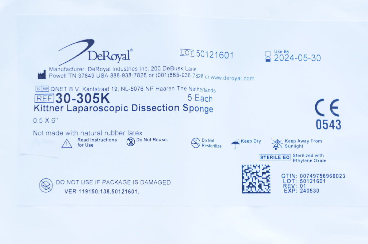 DeRoyal 30-305K Kittner Laparoscopic Dissection Sponge 0.5 x 6 inch Pa ...