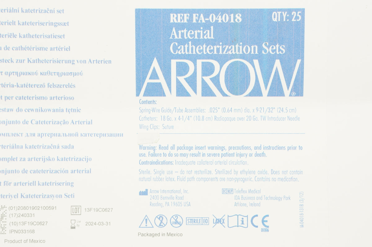 Arrow FA-04018 Arterial Catheterization Set 18Ga. x 4-1/4inch - Box of ...