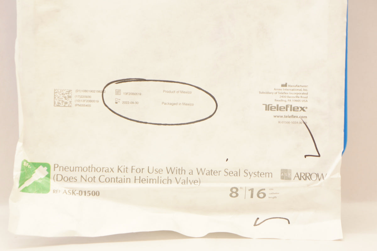 Arrow ASK-01500 Pneumothorax Kit For Use w/Water Seal System 8Fr. x 16 ...