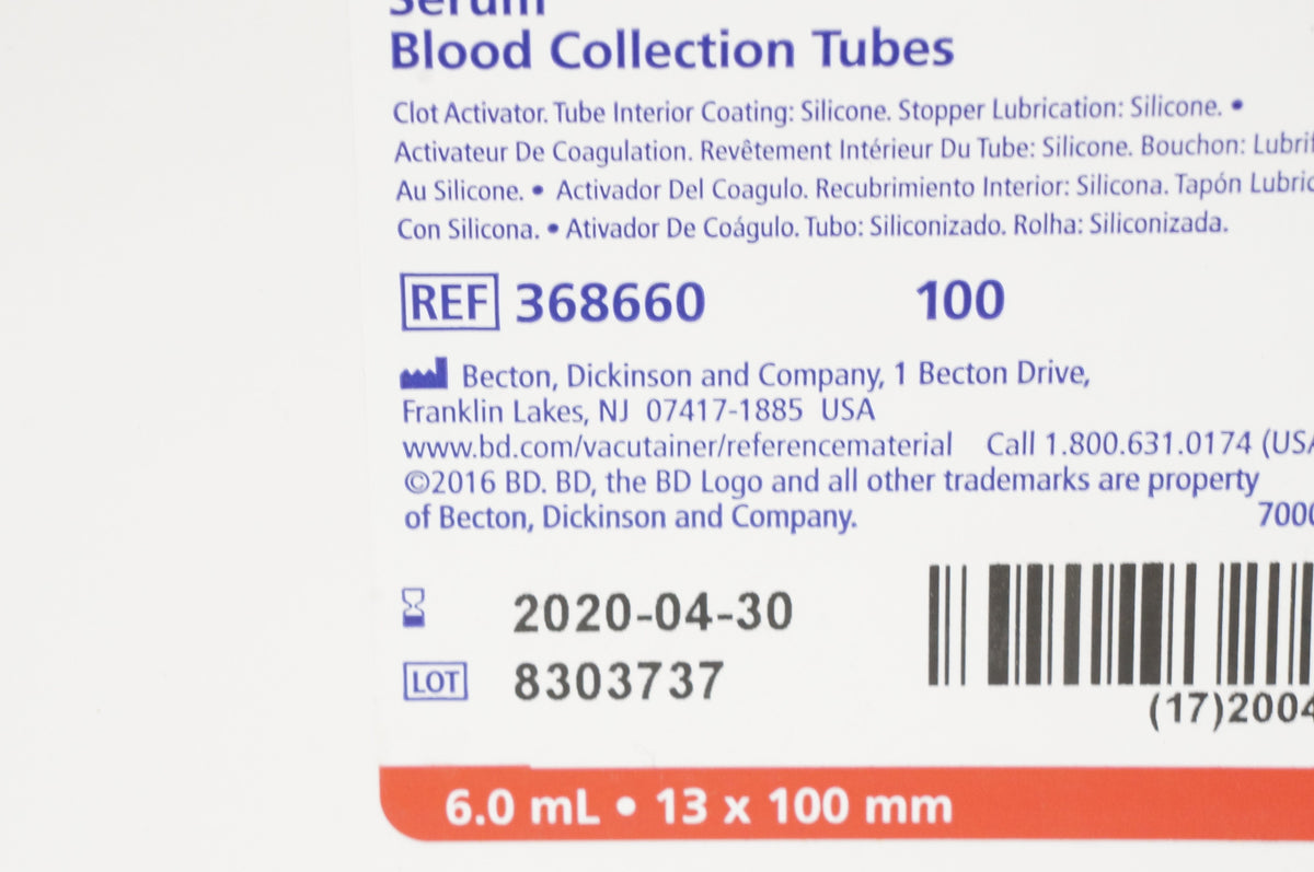 BD 368660 Vacutainer Serum Blood Collection Tubes 13 x 100mm (x) - Box ...