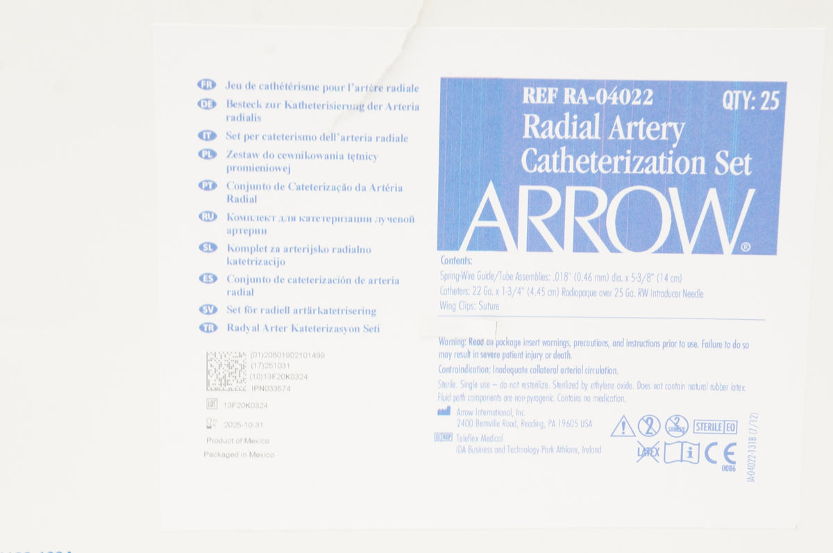 Arrow RA-04022 Radial Artery Catheterization Set 22Ga x 1 3/4 inch - B ...