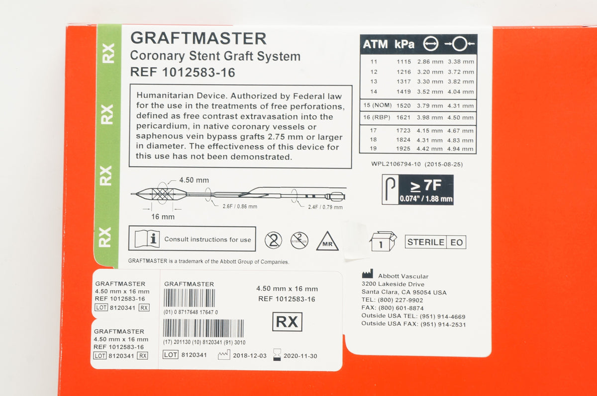 Abbott 1012583-16 GraftMaster RX Coronary Stnt Graft System 4.5mm x 16 ...
