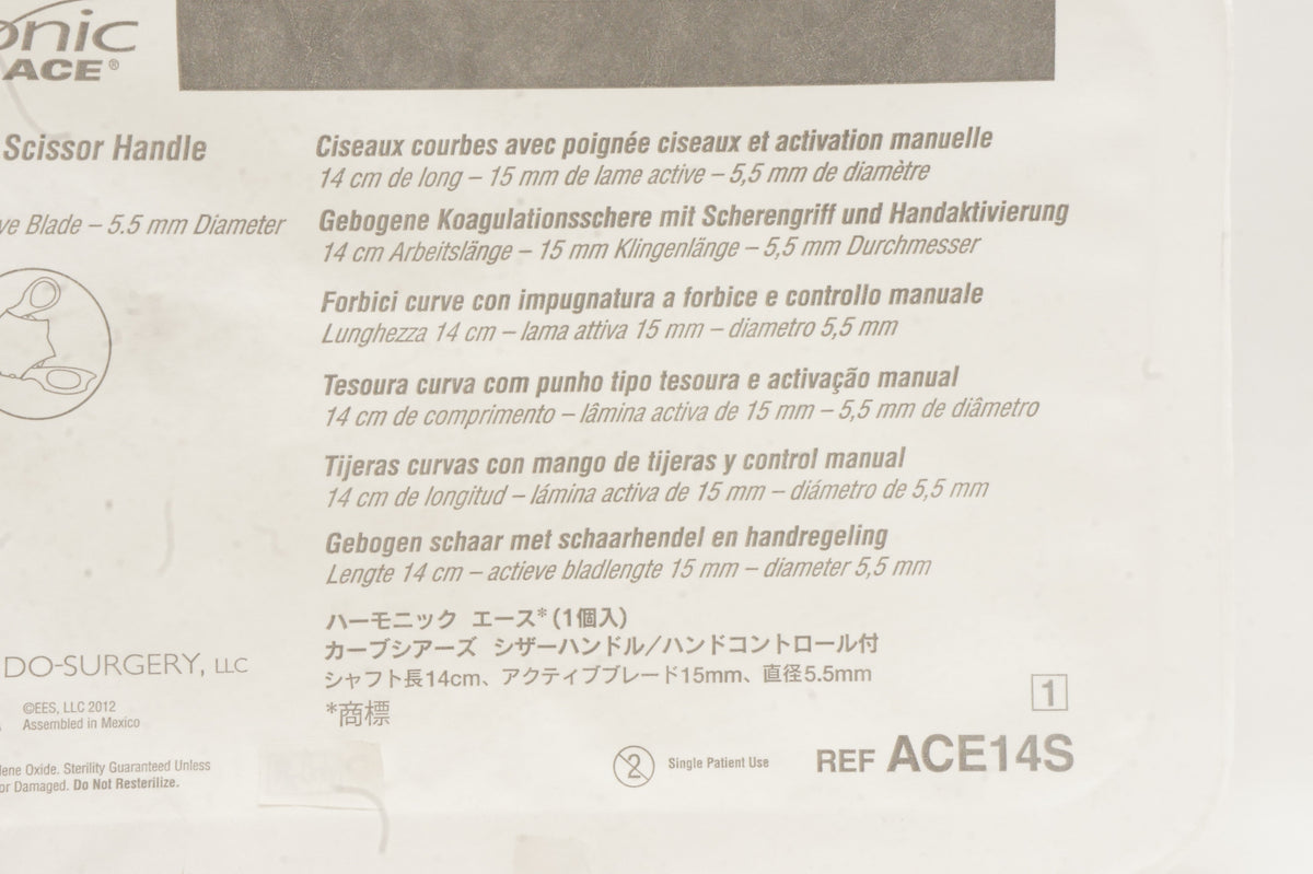 Ethicon ACE14S Harmonic Ace Curved Shears with Scissor Handle & Hand C ...