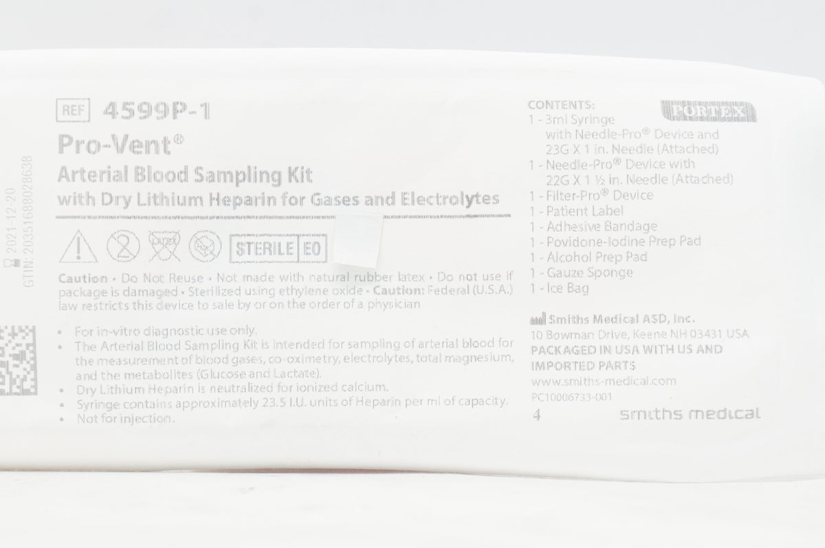 Smiths Medical 4599P-1 Portex Pro-Vent Arterial Blood Sampling Kit ...
