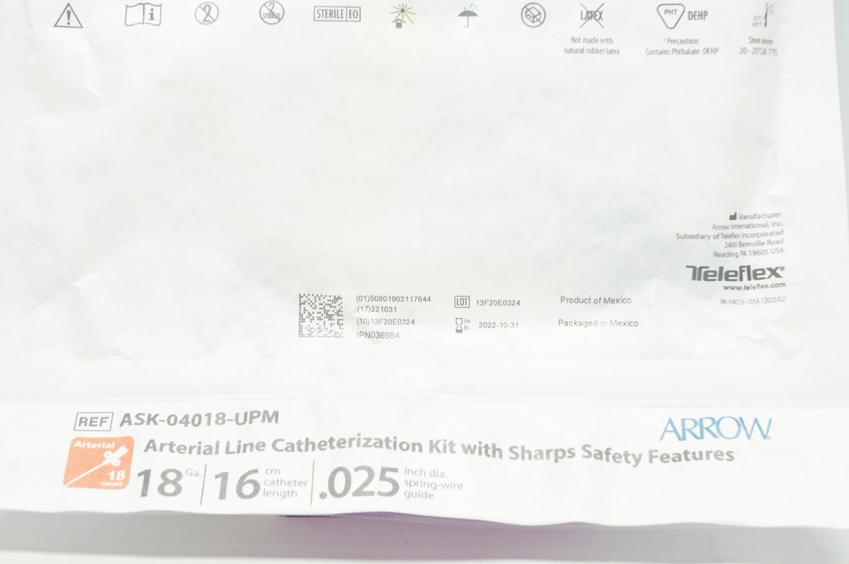Teleflex ASK-04018-UPM Arrow Arterial Line Catheterization Kit 18Ga 16 ...