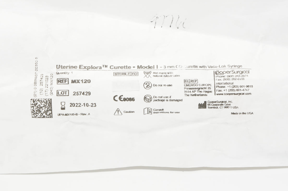 Cooper Surgical MX120 Uterine Explora Curette w/Vacu-Lok Syringe Model ...