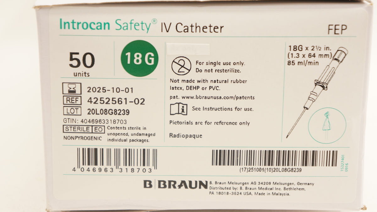 Braun 4252561-02 Introcan Safety IV Cath. 18G x 2-1/2inch 85ml/min - B ...