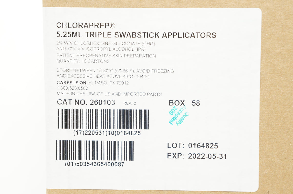 CareFusion 260103 ChloraPrep Triple Swabstick 5.25ml Applicators - Box ...