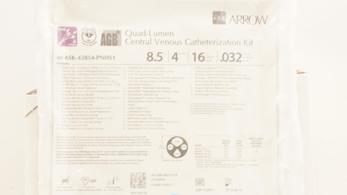 Arrow ASK-42854-PNHS1 Quad-Lumen Central Venous Catheterization Kit 8 ...