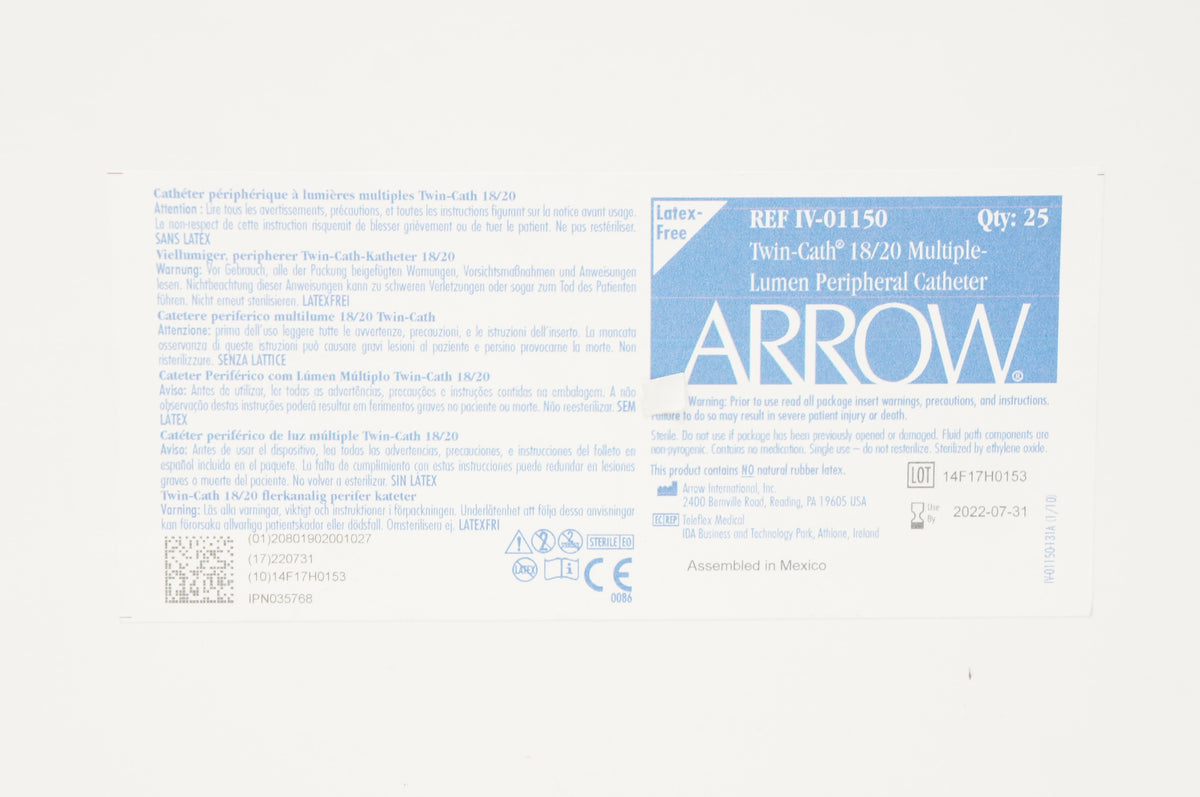Arrow IV-01150 Twin-Cath Multiple-Lumern Peripheral Cath. 18/20 - Box ...