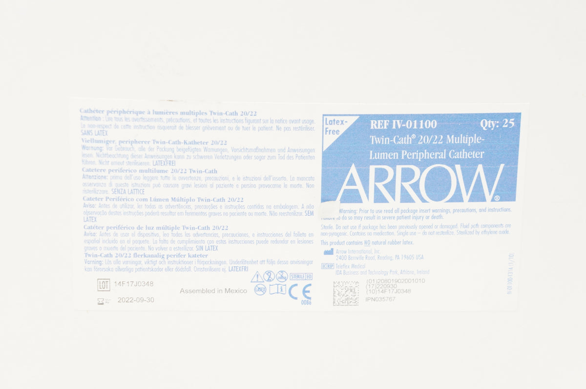 Arrow IV-01100 Twin-Cath 20/22 Multiple-Lumern Peripheral Cath. - Box ...