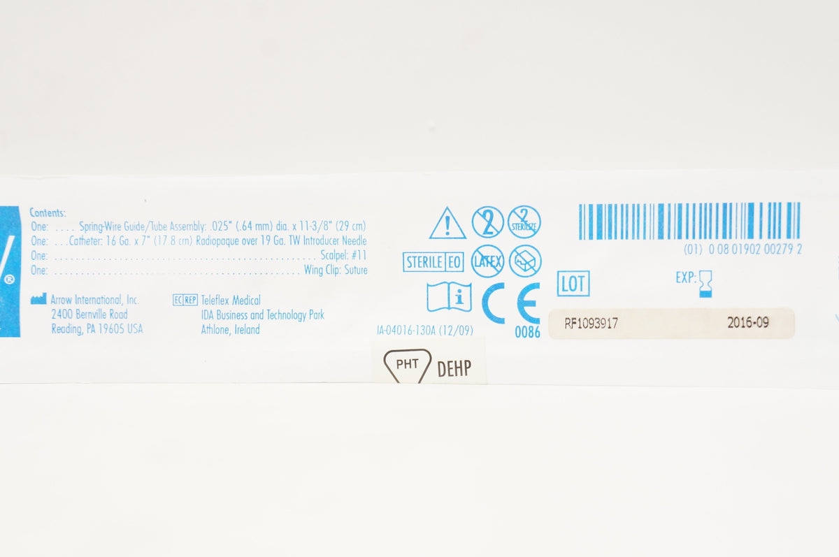 Arrow FA-04016 Arterial/Venous Catheterization Set 16Ga x 7 inch (x ...