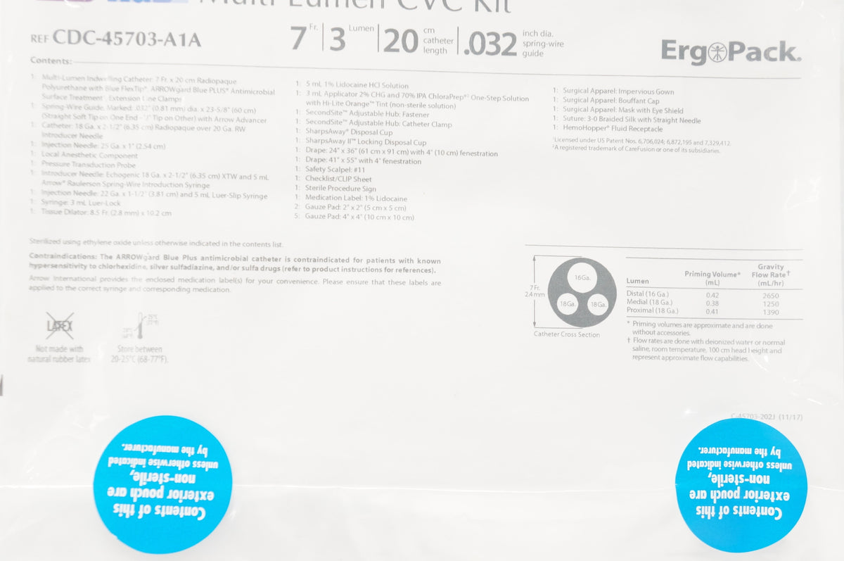 Teleflex CDC-45703-A1A Arrow Multi-Lumen CVC Kit 7Fr x .032inch x 20cm ...