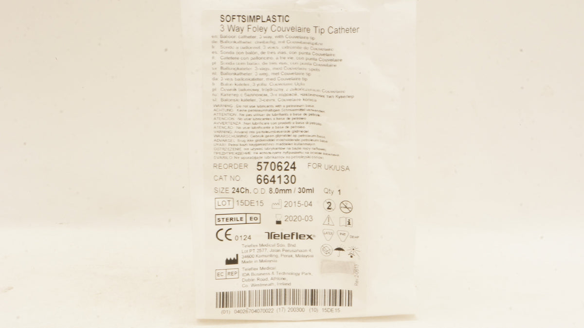 Teleflex 570624 Foley Catheter Soft Simplastic Tip 30 cc Balloon 24 Fr ...