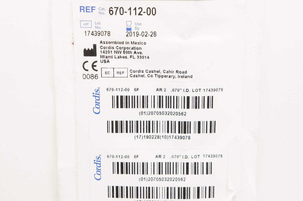 Cordis 670-112-00 Vistabritetip Guiding Cath. AR 2 6F x .070inch x 100 ...