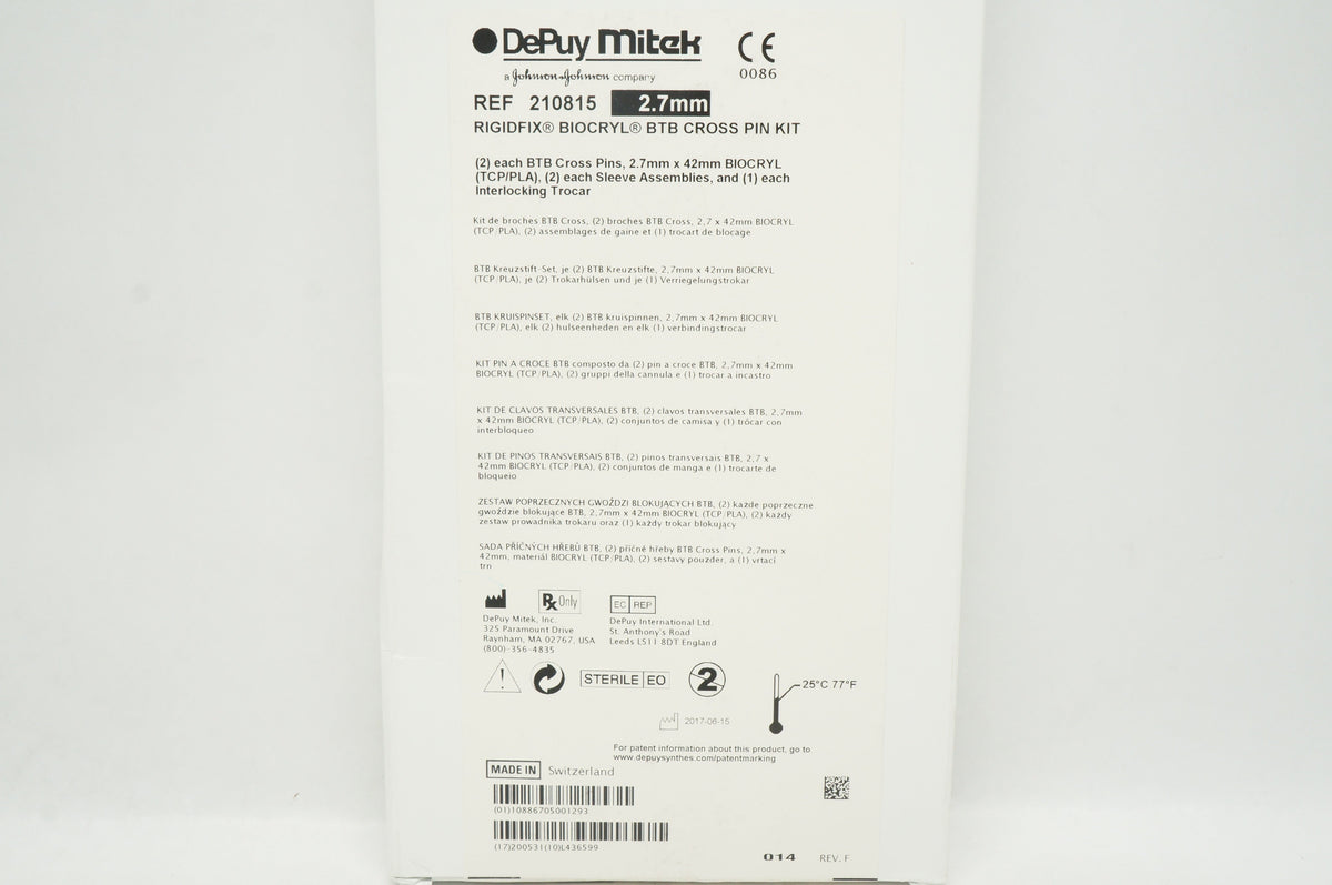 DePuy Mitek 210815 Rigidfix Biocryl BTB Cross PIN Kit 2.7mm (x ...