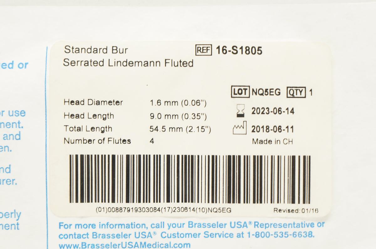 Brasseler 16-S1805 Standard Bur Serrated Lndemann Fluted 0.06inch x 0 ...