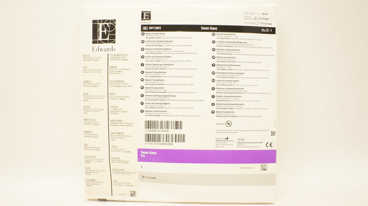 Edwards Lifesciences D97130F5 Swan-Ganz Bipolar Pacing Cath. 90cm x 6F ...