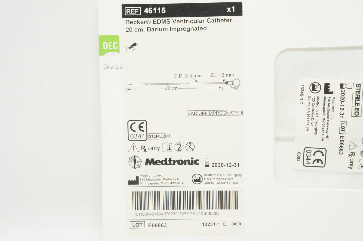 Medtronic 46115 Becker EDMS Ventricular Cath. 20cm Barium 1.3mm x 2.5m ...