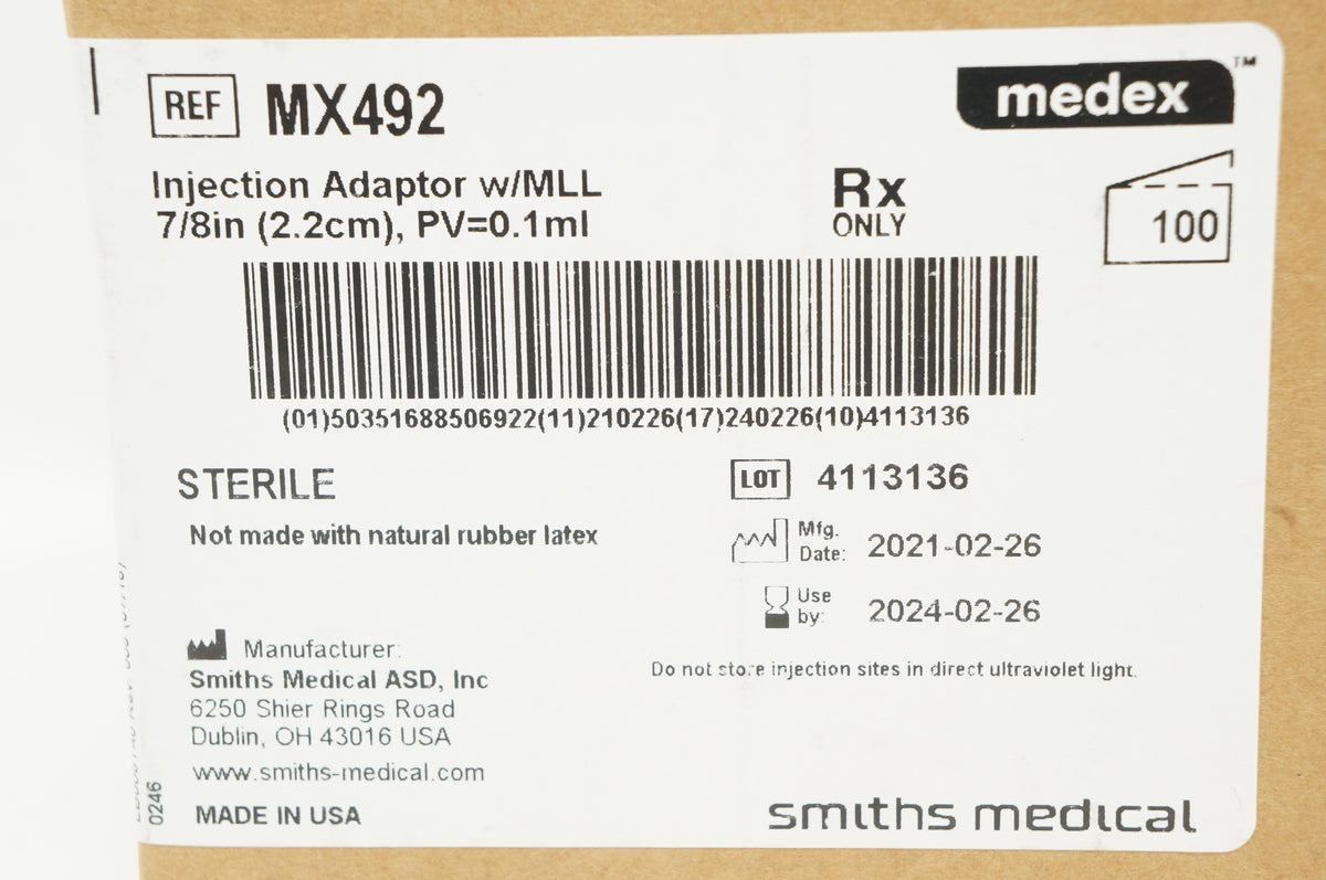 Smiths Medical MX492 Injection Adapter w/MLL 7/8inch, 0.1ml - Box of 1 ...