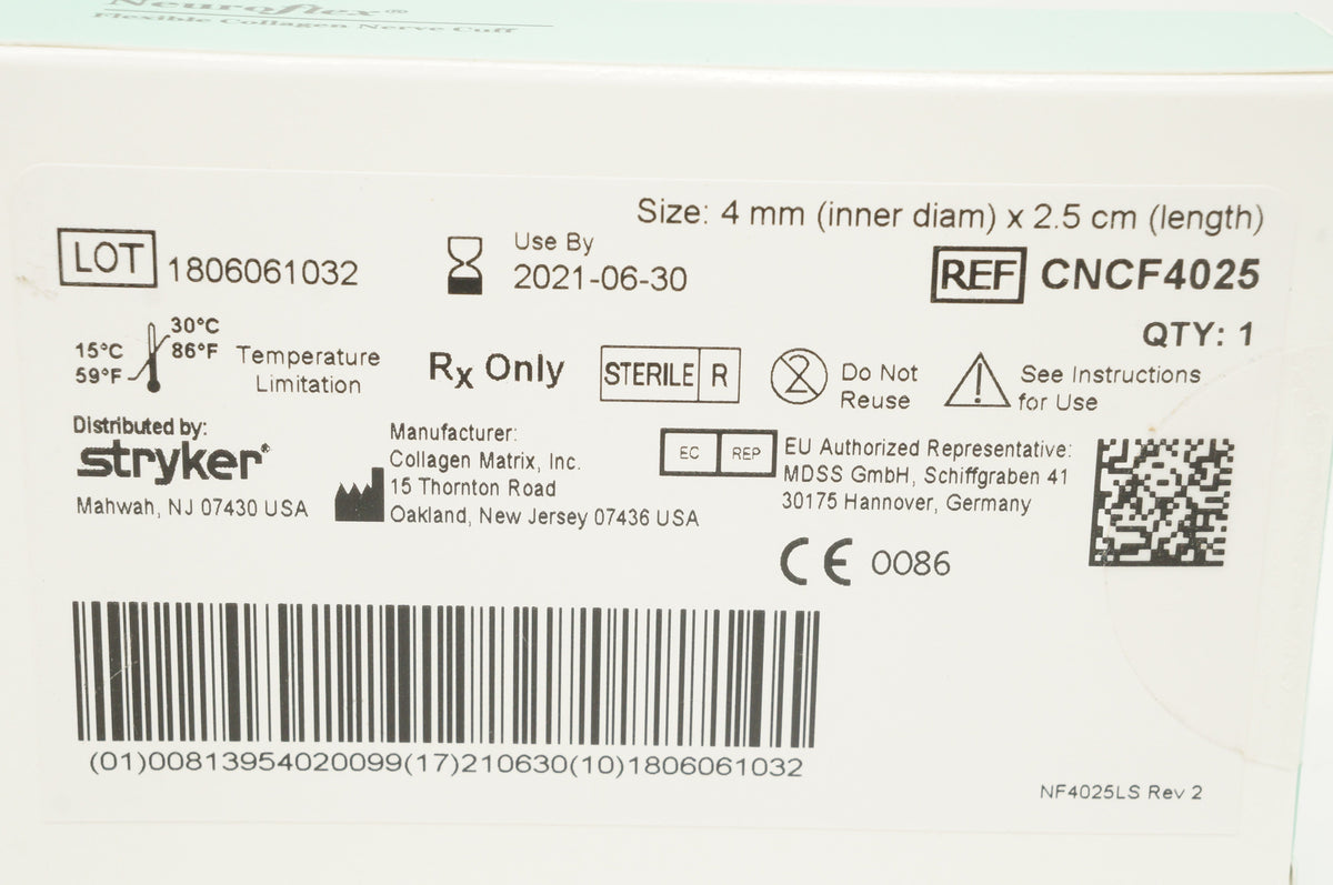 Stryker CNCF4025 NeuroFlex Flexible Collagen Nerve Cuff 4mm x 2.5cm (x ...