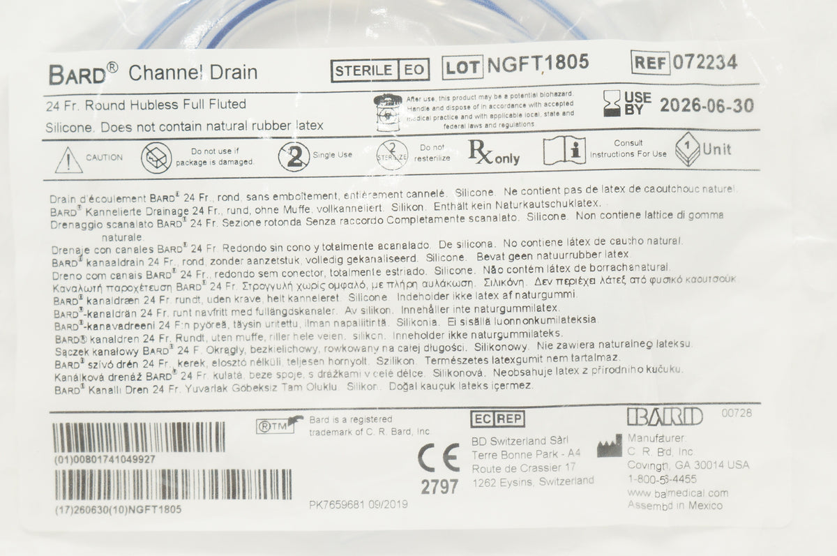 Bard 072234 Channel Drain Round Hubless Full Fluted Silicone, 24 Fr ...