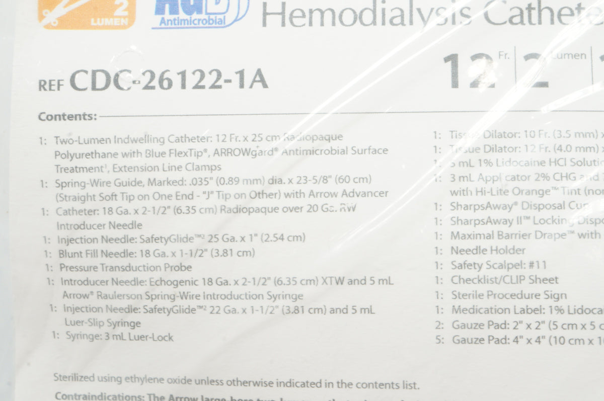Teleflex CDC-26122-1A ArrowWgard Blue Two-Lumen Hemodialysis Cath. Kit ...