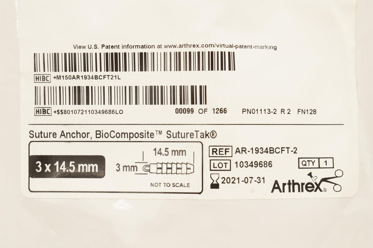 Arthrex AR-1934BCFT-2 Stre Anchor, BioComposite SutureTak 3mm x 14.5mm ...