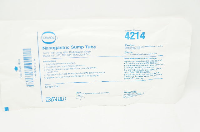 Bard 4214 Davol Nasogastric Sump Tube 14Fr x 48inch w/Radiopaque Strip ...