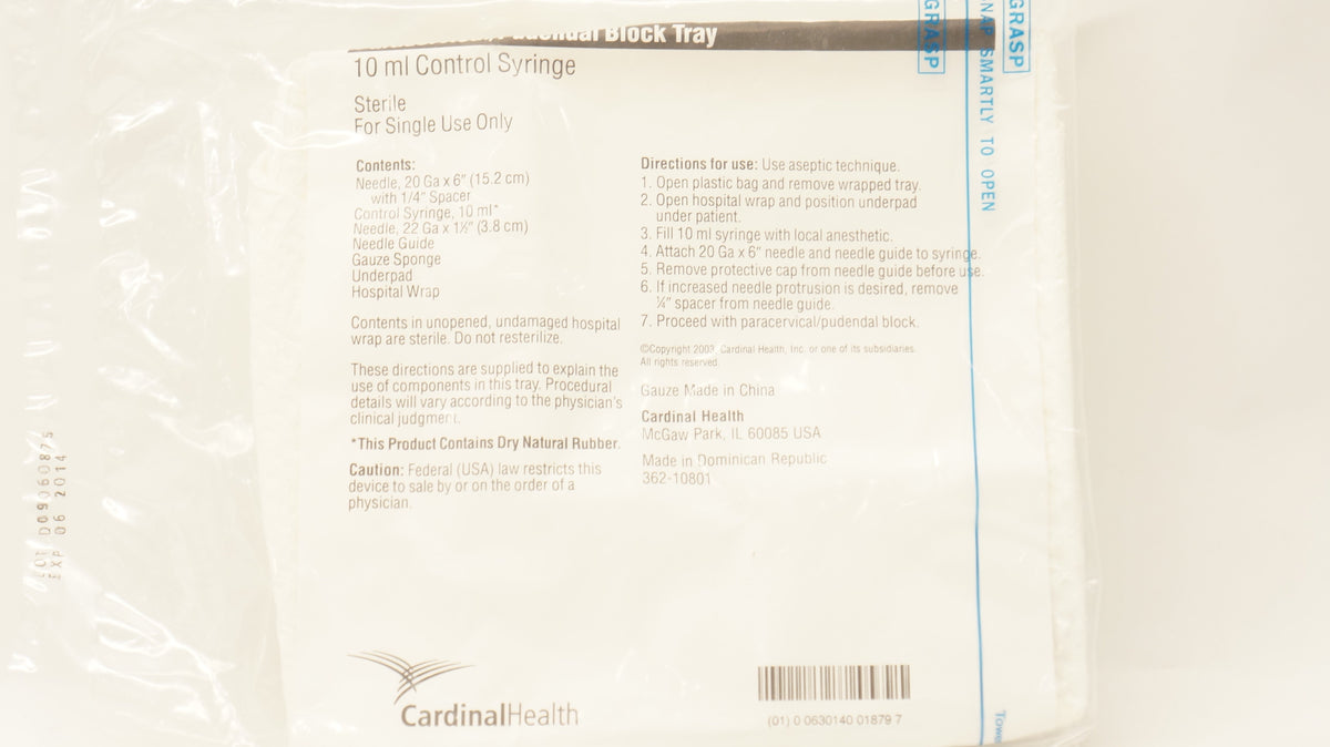 Cardinal Health Paracervical/Pudendal Block Tray with 10mL Control Syr ...